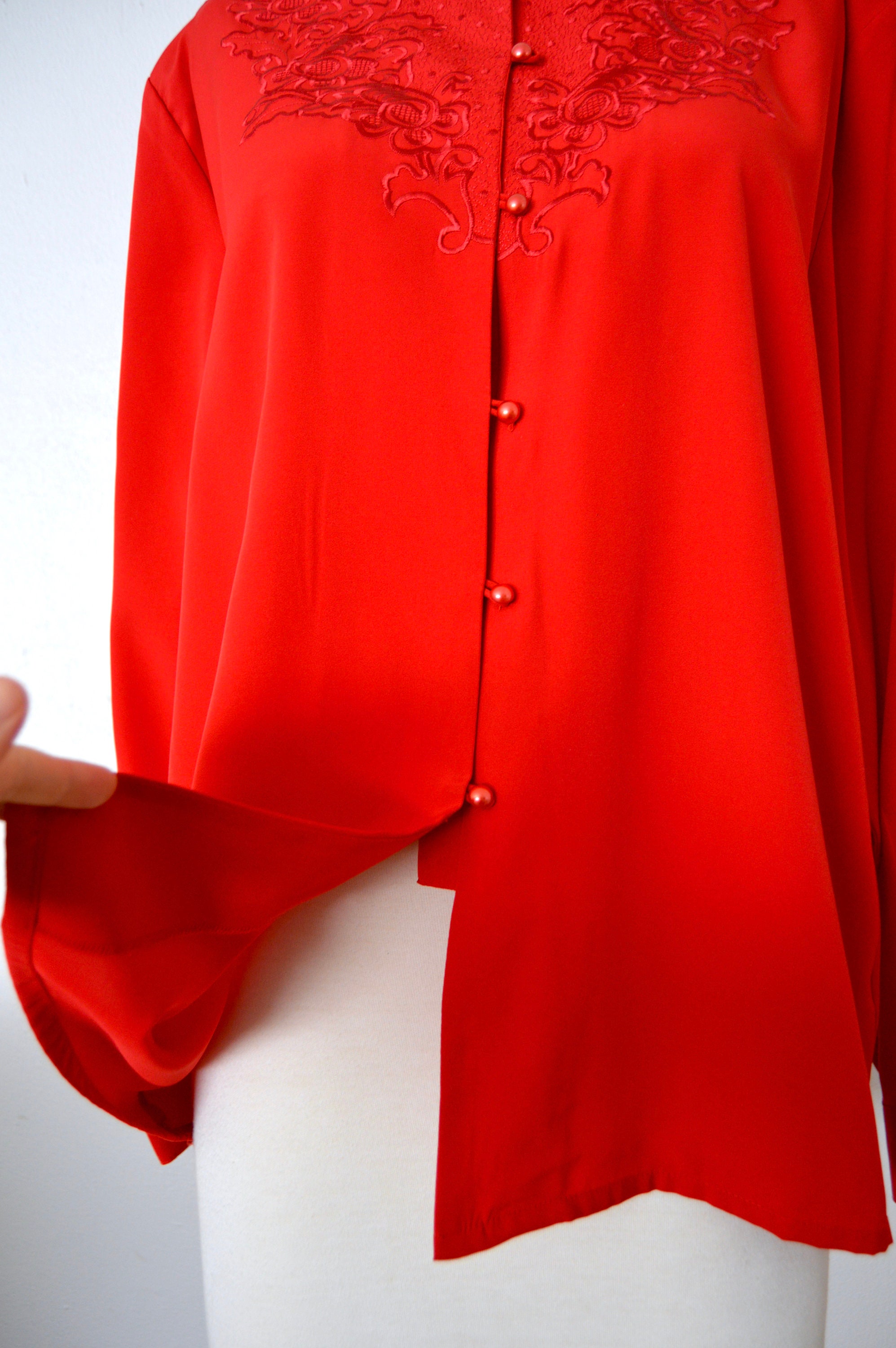 80s Red Floral Embroidered Blouse Crimson Red Silky | Etsy