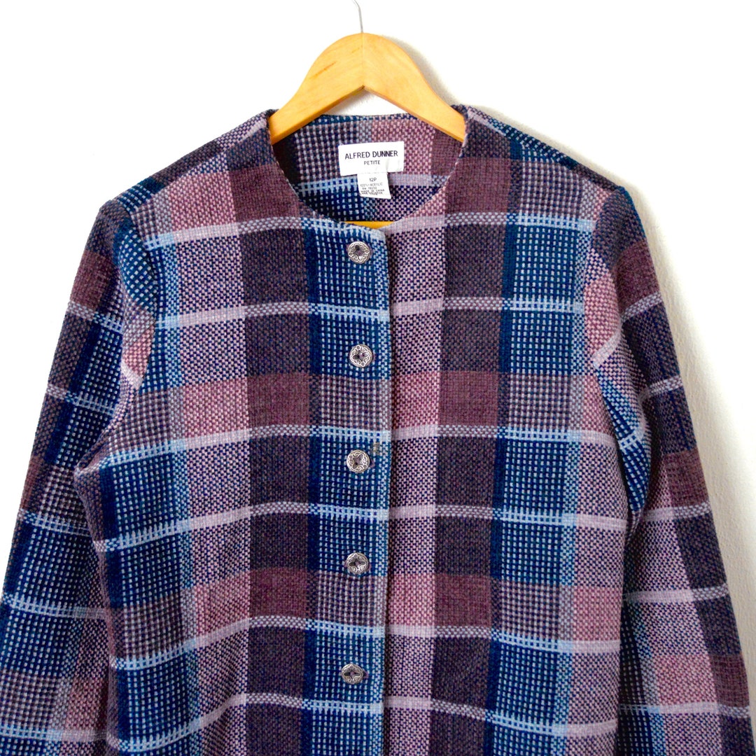 ALFRED DUNNER Purple Plaid Chenille Box Jacket | Button Down Boxy ...