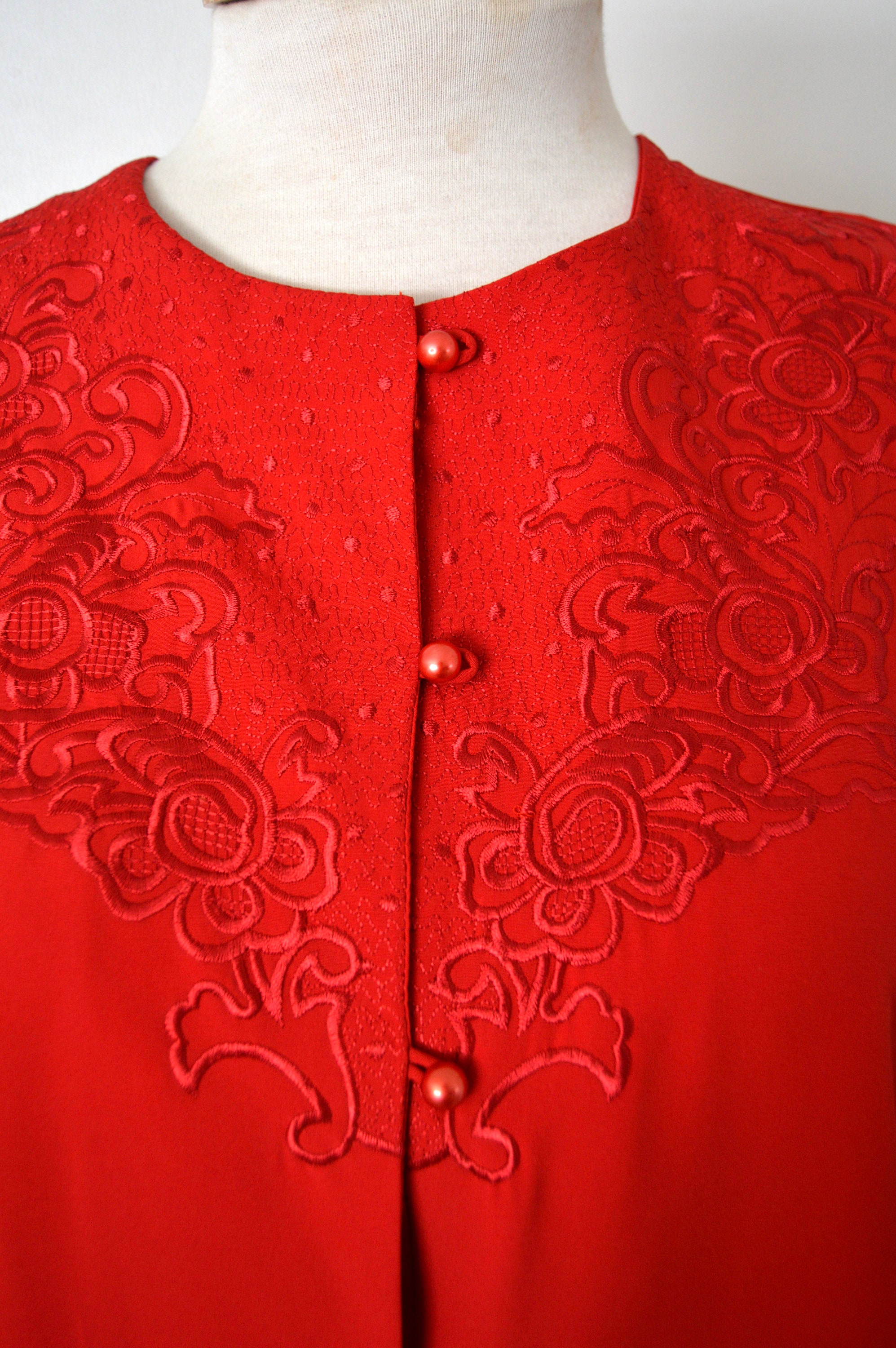 80s Red Floral Embroidered Blouse Crimson Red Silky | Etsy