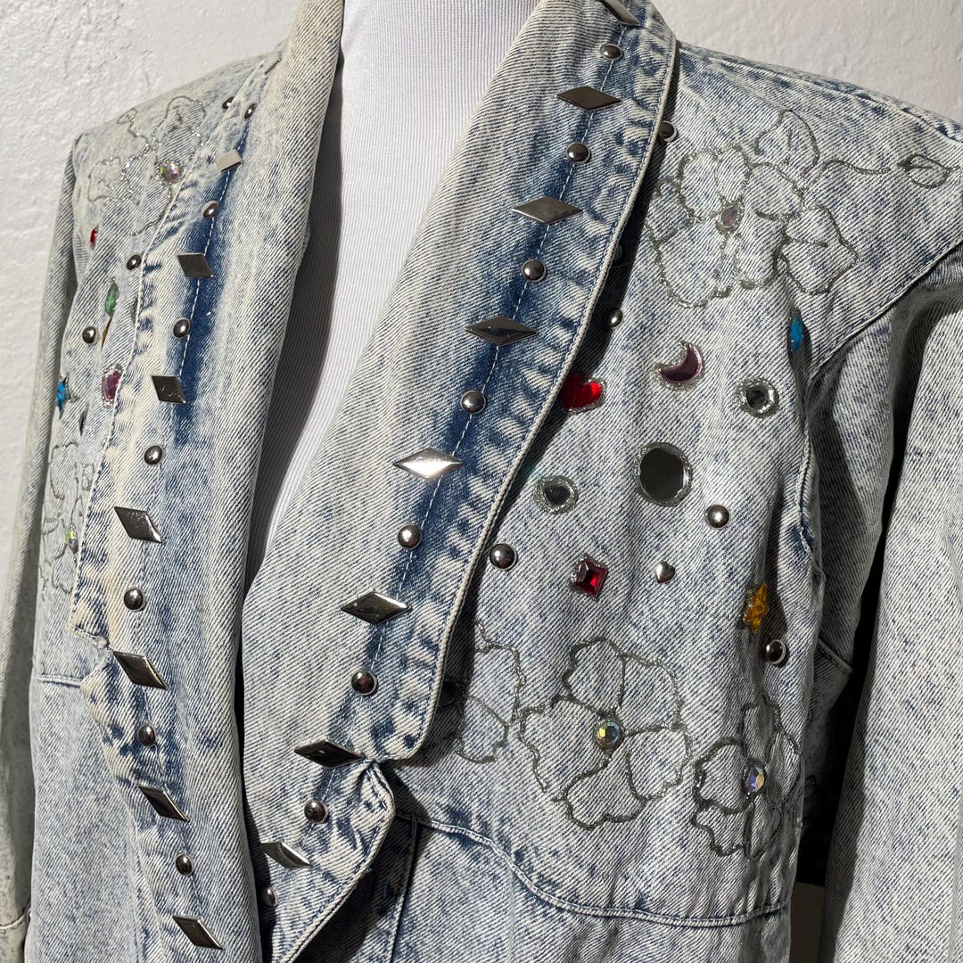 VTG Embellished Denim Jacket 80s 90s Beaded Rhinestone Glitter Floral ...