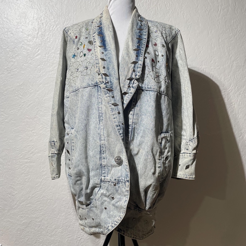 VTG Embellished Denim Jacket 80s 90s Beaded Rhinestone Glitter Floral ...
