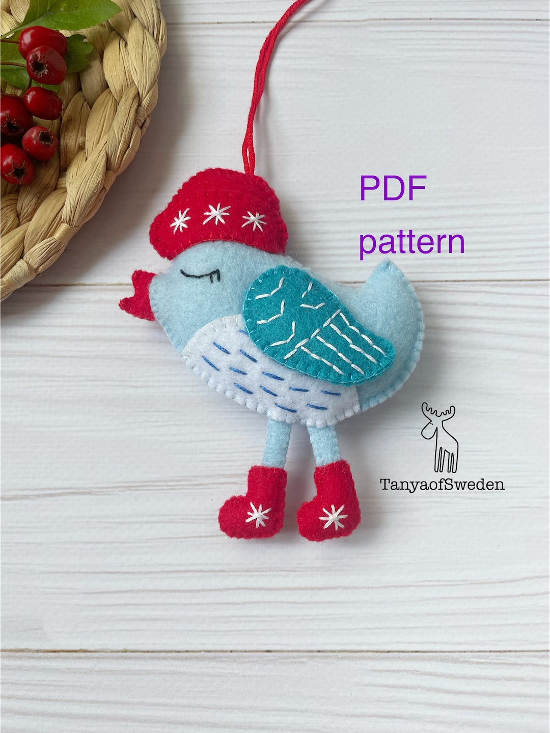 Christmas Bird Pdf Pattern, Felt Bird Ornament Pdf, Sewing Bird ...