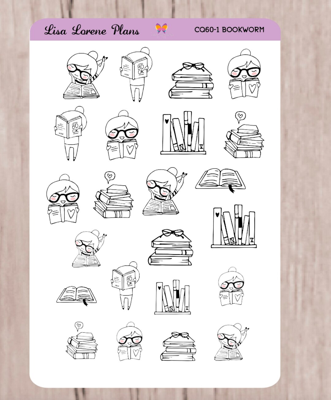 SANDY BOOKWORM Planner Stickers Book Lover Doodle Character neutral ...