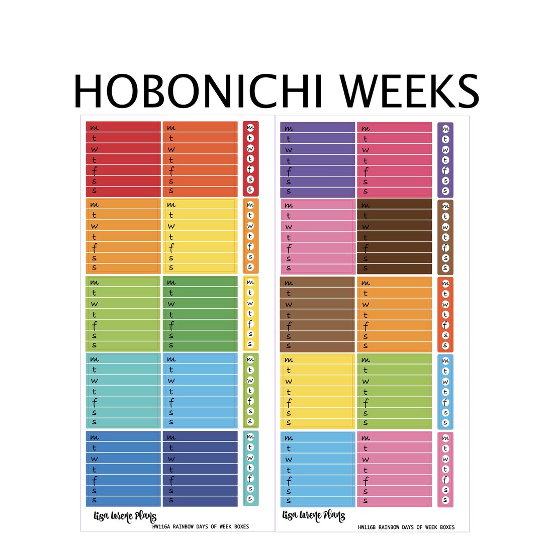 RAINBOW Days of Week Boxes | Hobonichi Weeks Planner Sticker Kit ...