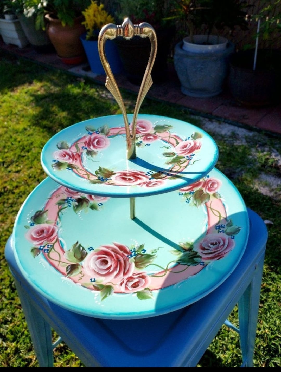Upcycled Two Tier Dessert Tray: Floral Painted Server - Etsy