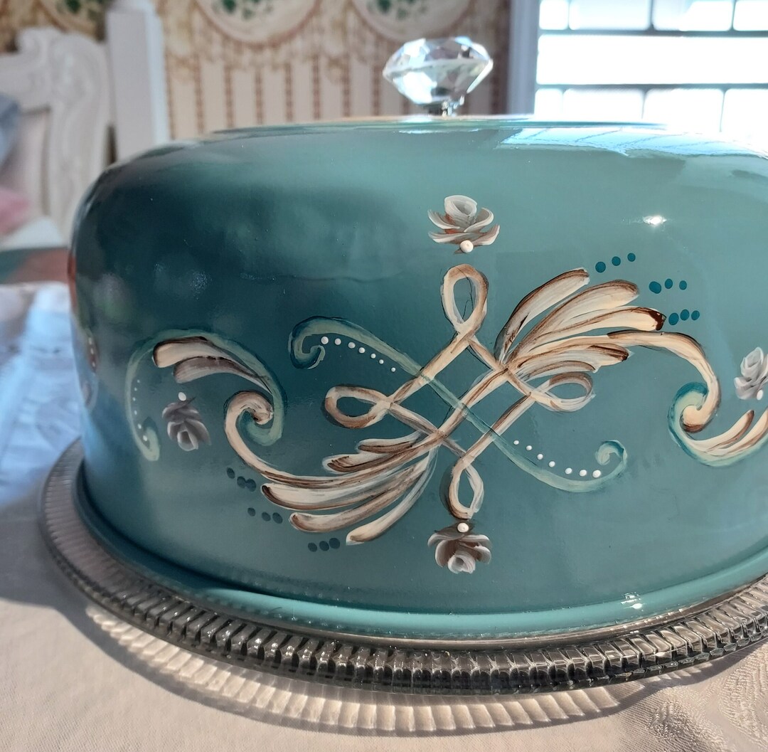 Hand Painted Cake Saver, Vintage Teal, Scroll Design - Etsy