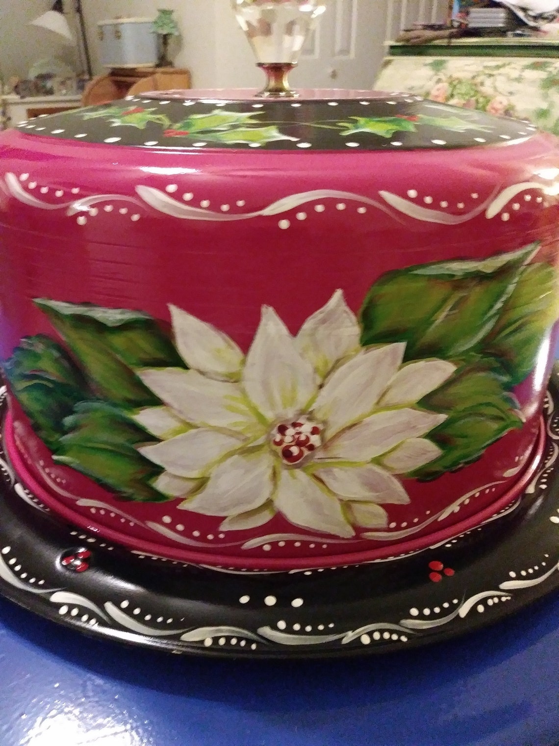 Vintage Holiday Cake Saver, Cake Cover, Hand Painted With Hot Pink ...