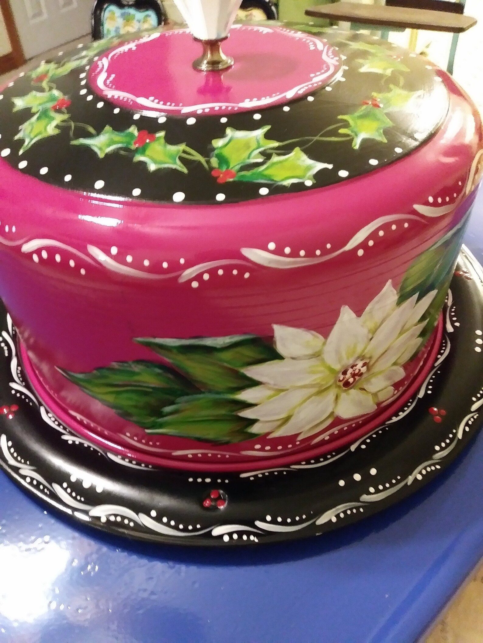 Vintage Holiday Cake Saver, Cake Cover, Hand Painted With Hot Pink ...