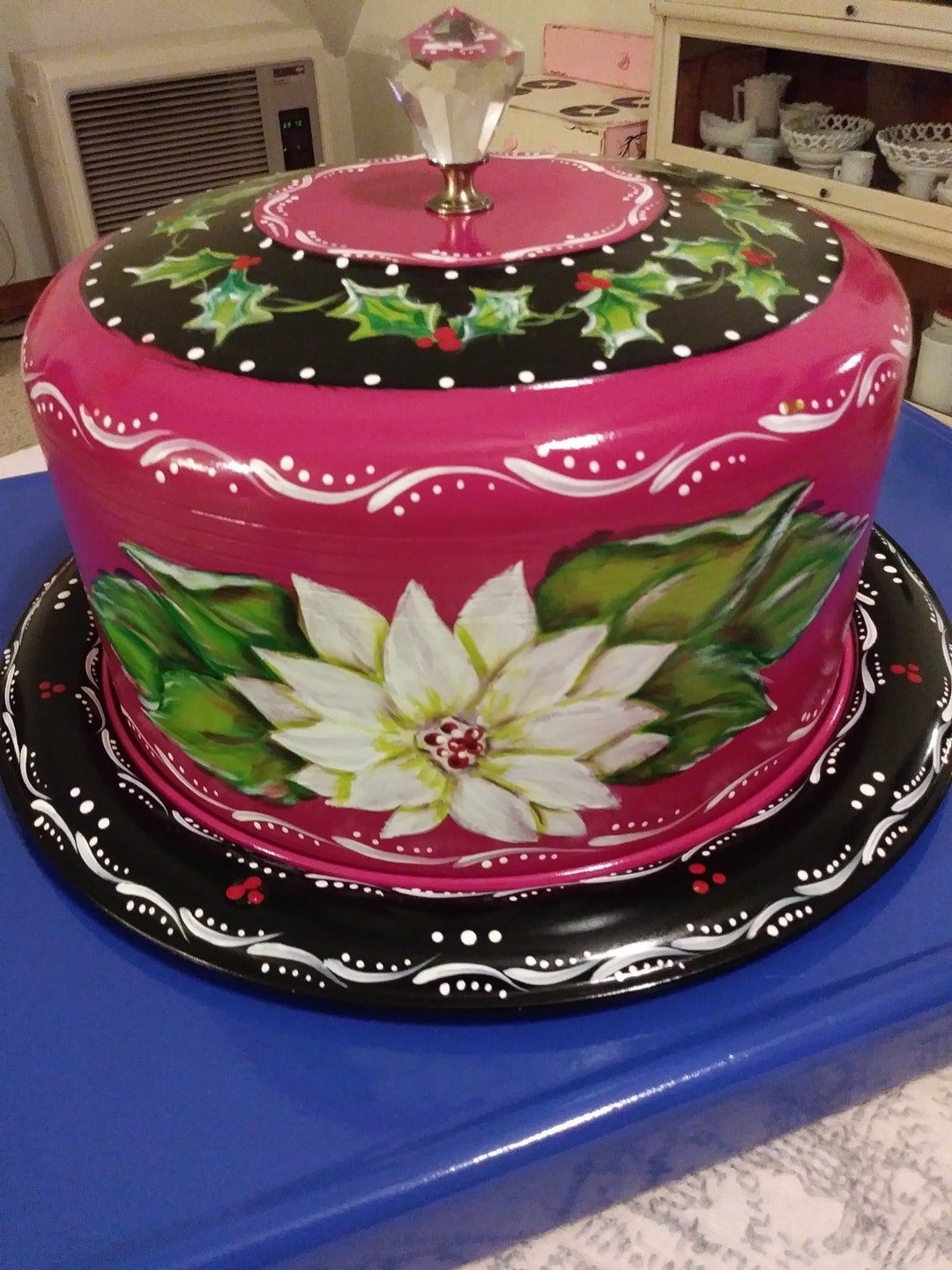 Vintage Holiday Cake Saver, Cake Cover, Hand Painted With Hot Pink ...