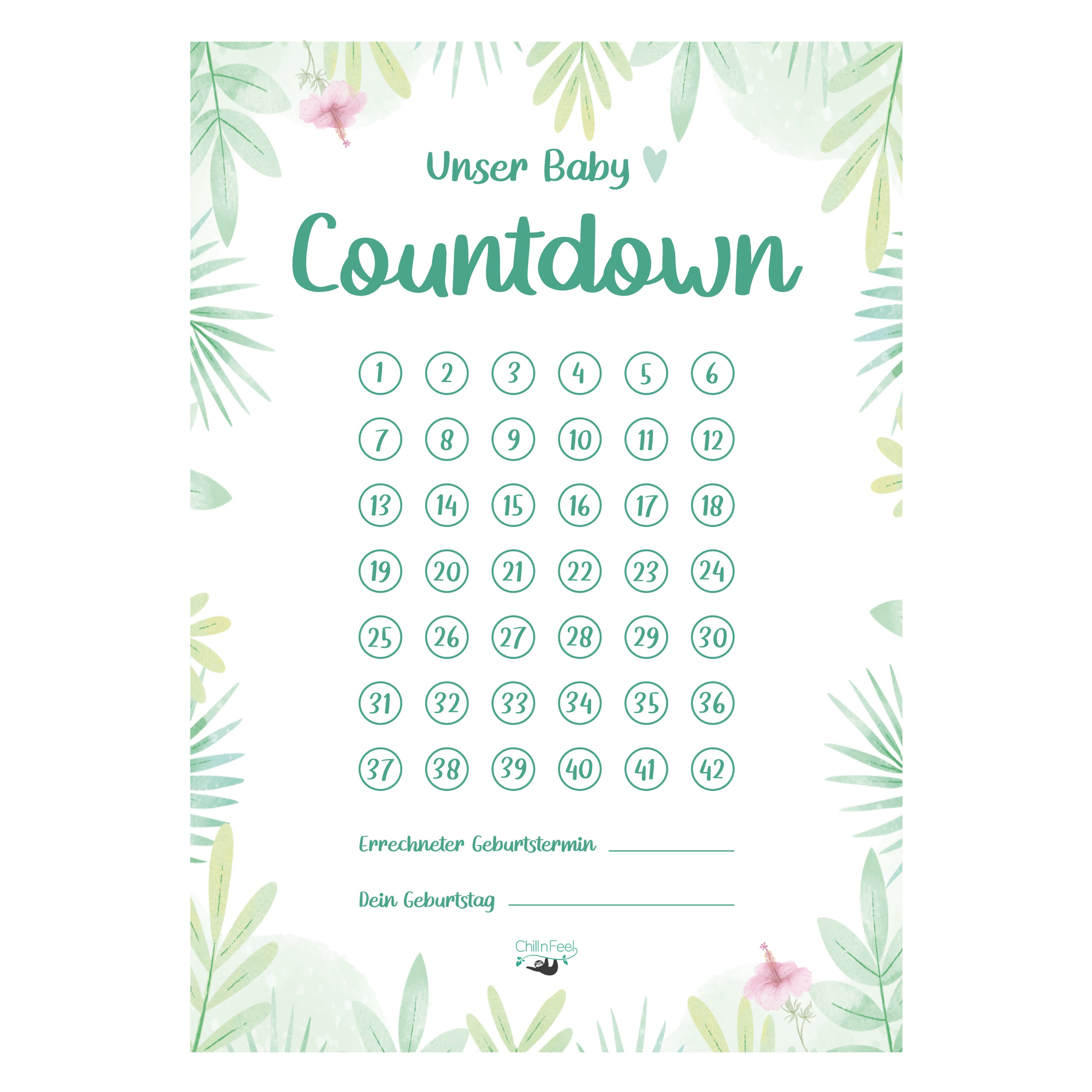 Baby Countdown, Schwangerschafts-Kalender, DIN A5, Baby, Regenwald ...