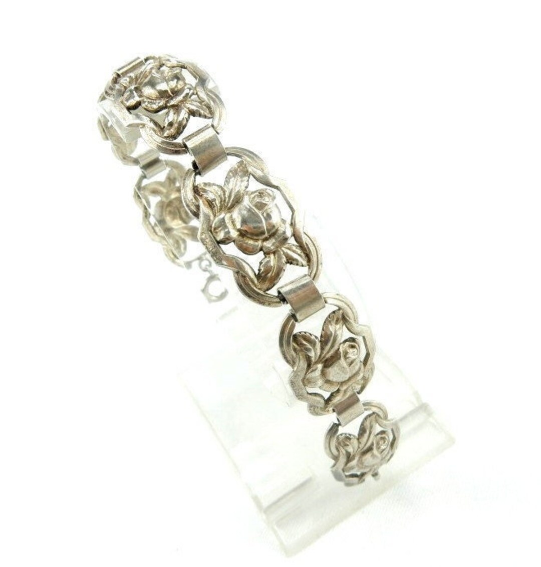 Silver Floral Bracelet, Vintage Silver Bracelet, Silver Roses Bracelet ...