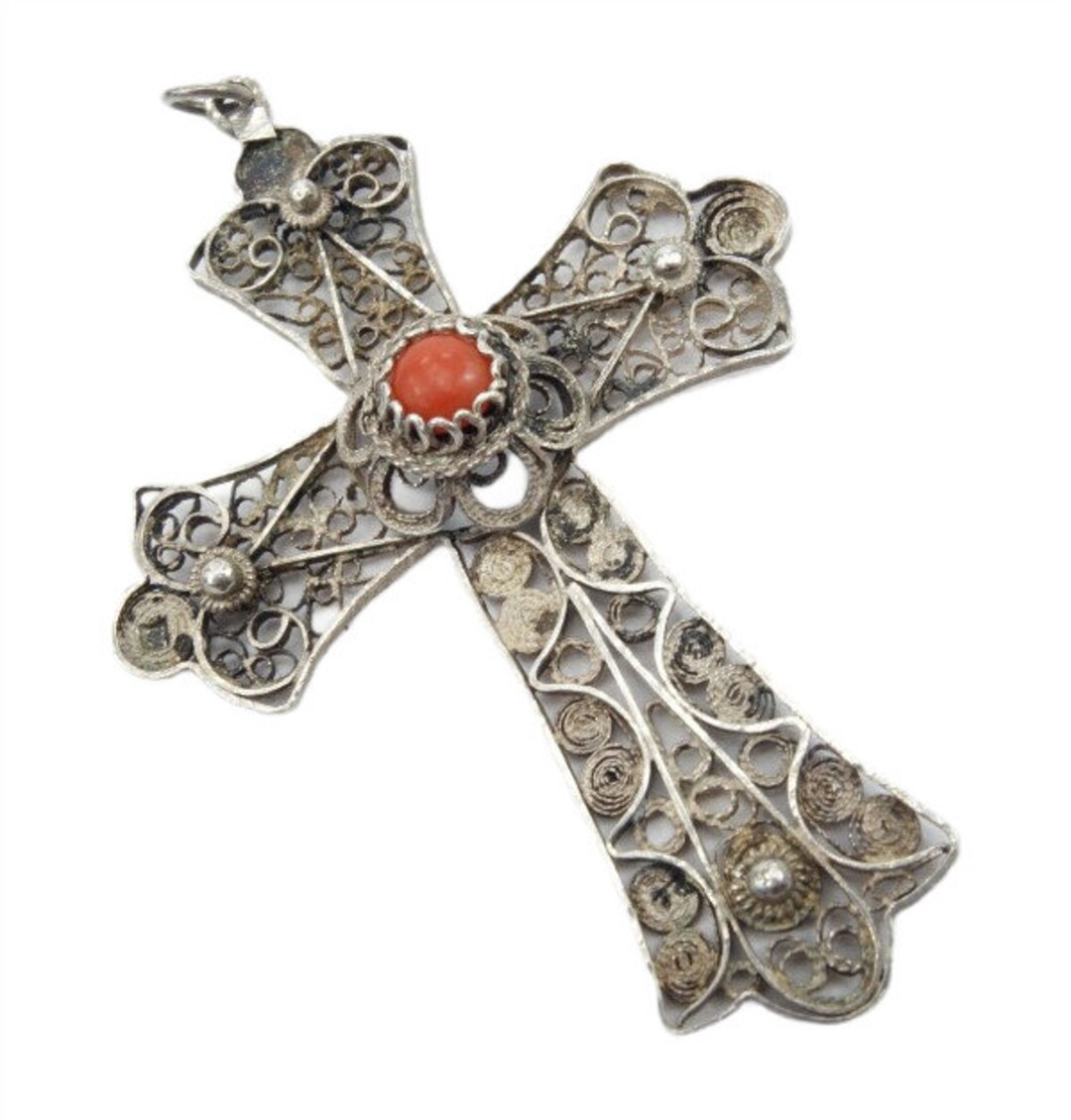 Vintage Silver Filigree Cross Pendant, Natural Corall Cross Pendant ...
