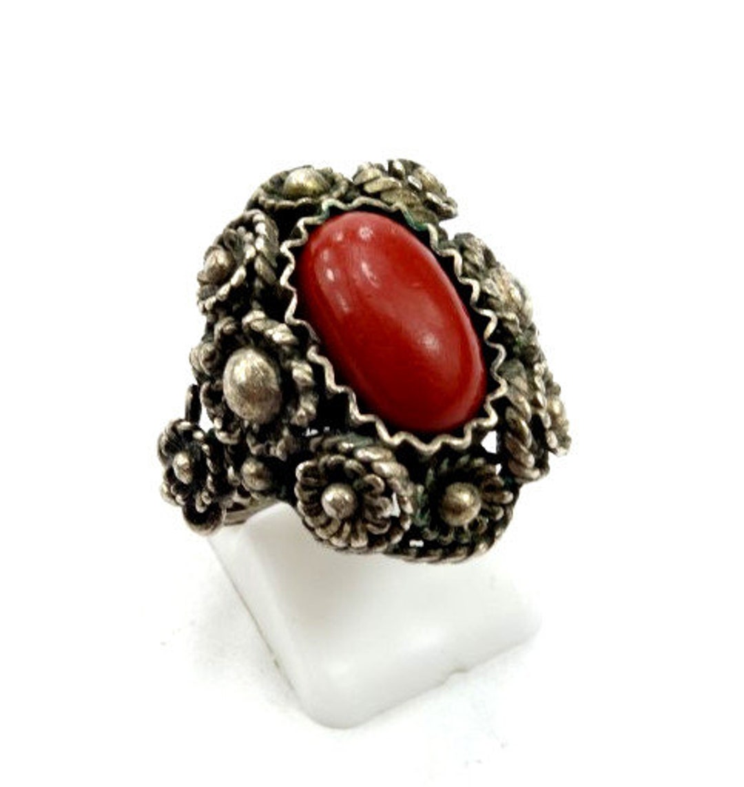 Balkan Filigree Silver Ring, Faux Coral Silver Ring, Balkan Filigree ...