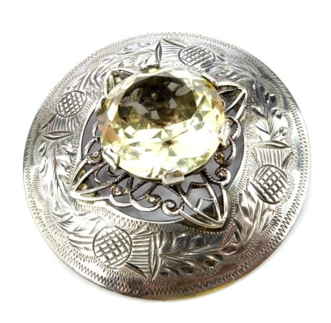 1955, Scottish Engraved Silver Brooch With Citrine Stone, Sterling ...