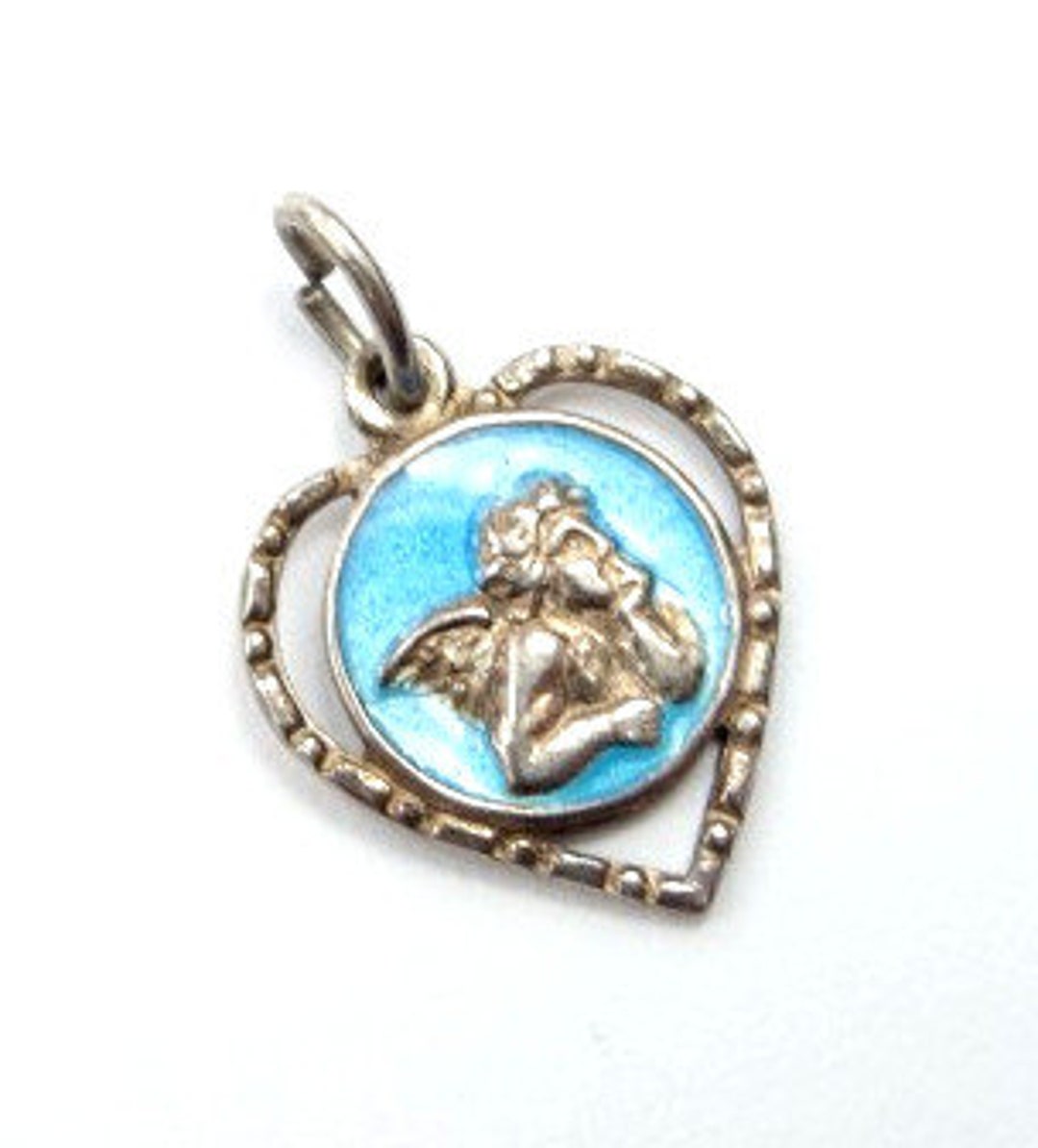 Antique, Tiny Blue Enamel Angel Cherub, Enamel Medallion, Vintage ...