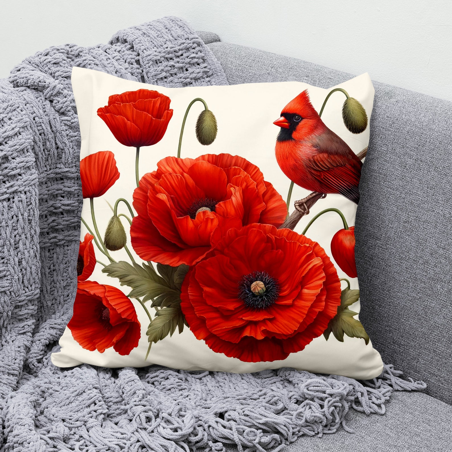 Red Cardinal and Poppy Flowers Throw Pillow Cover, Cotton Linen ...