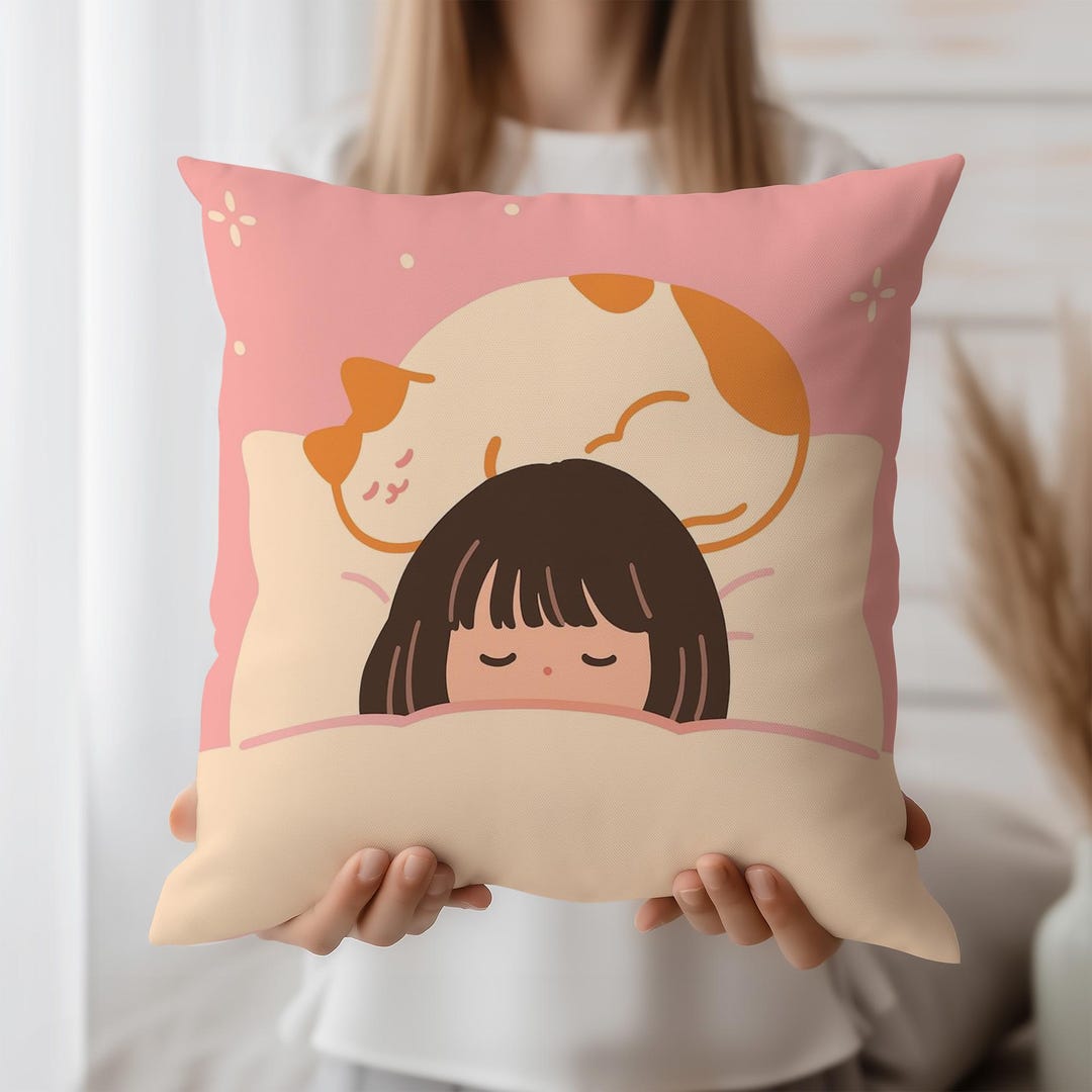 Kawaii Cat Girl Pillow Cover, Sleeping Pastel Cushion, Cute Cozy ...
