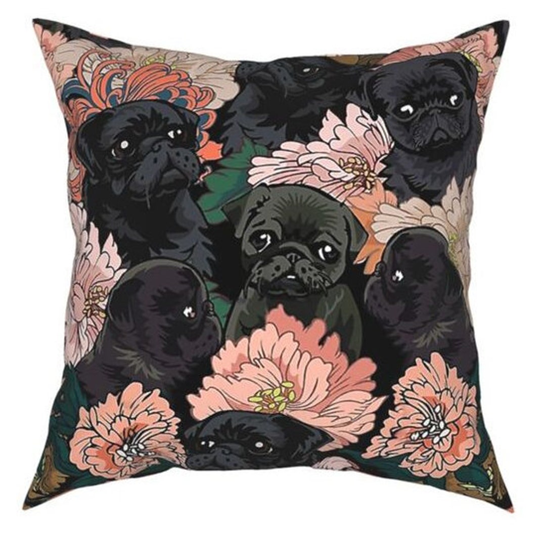 The Pug Pillow Cover Black Pug Dog Cushion Cover Floral Flowers Print ...