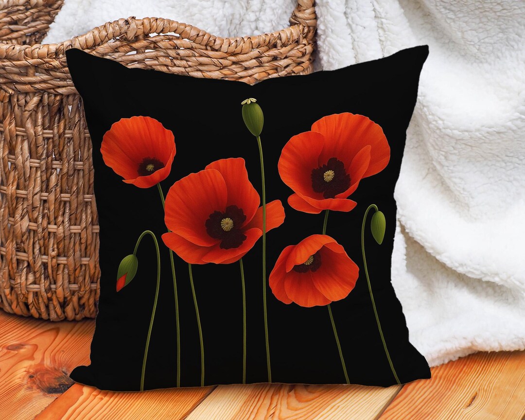 Red Poppy Flower Cushion Cover on Black Background – Bold Botanical ...