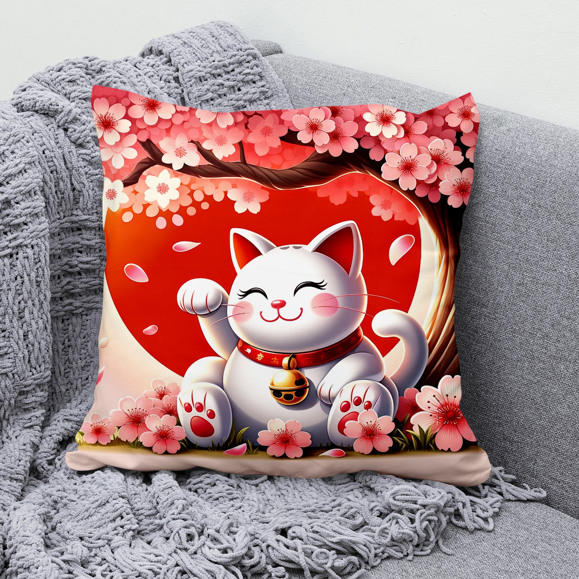Cheerful Lucky Cat Under Cherry Blossom Cushion Cover, Maneki-neko ...