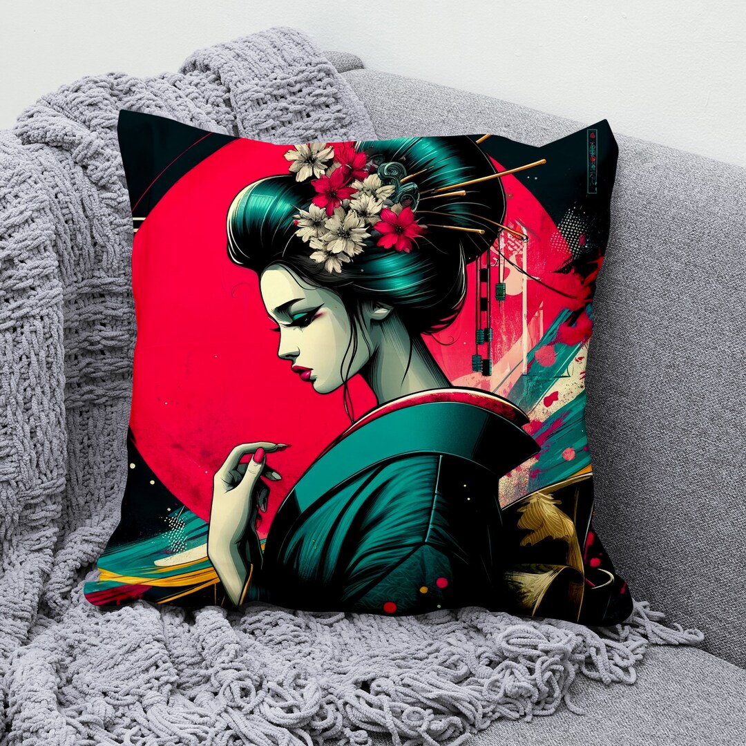 Japanese Pillow Cover, Stylish Geisha Girl Art Throw Pillowcase, Cotton ...