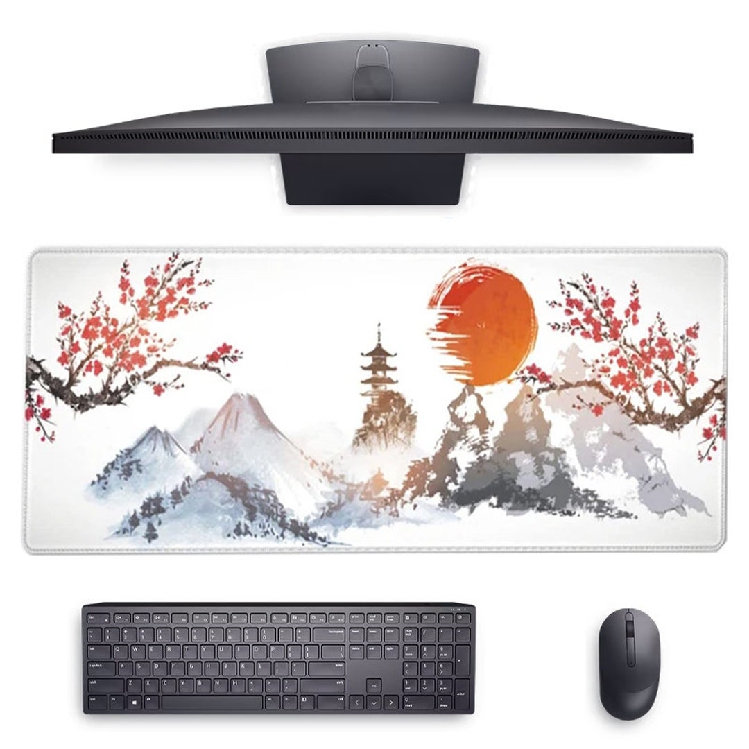 Japanese Desk Mat Japan Inspired Mouse Pad Cherry Blossom Ink Painting ...