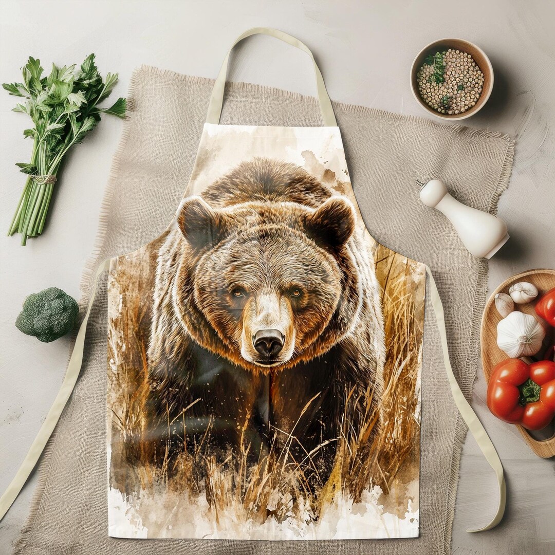 Grizzly Bear Apron for Cooking and BBQ – Rustic Animal Design Apron for ...