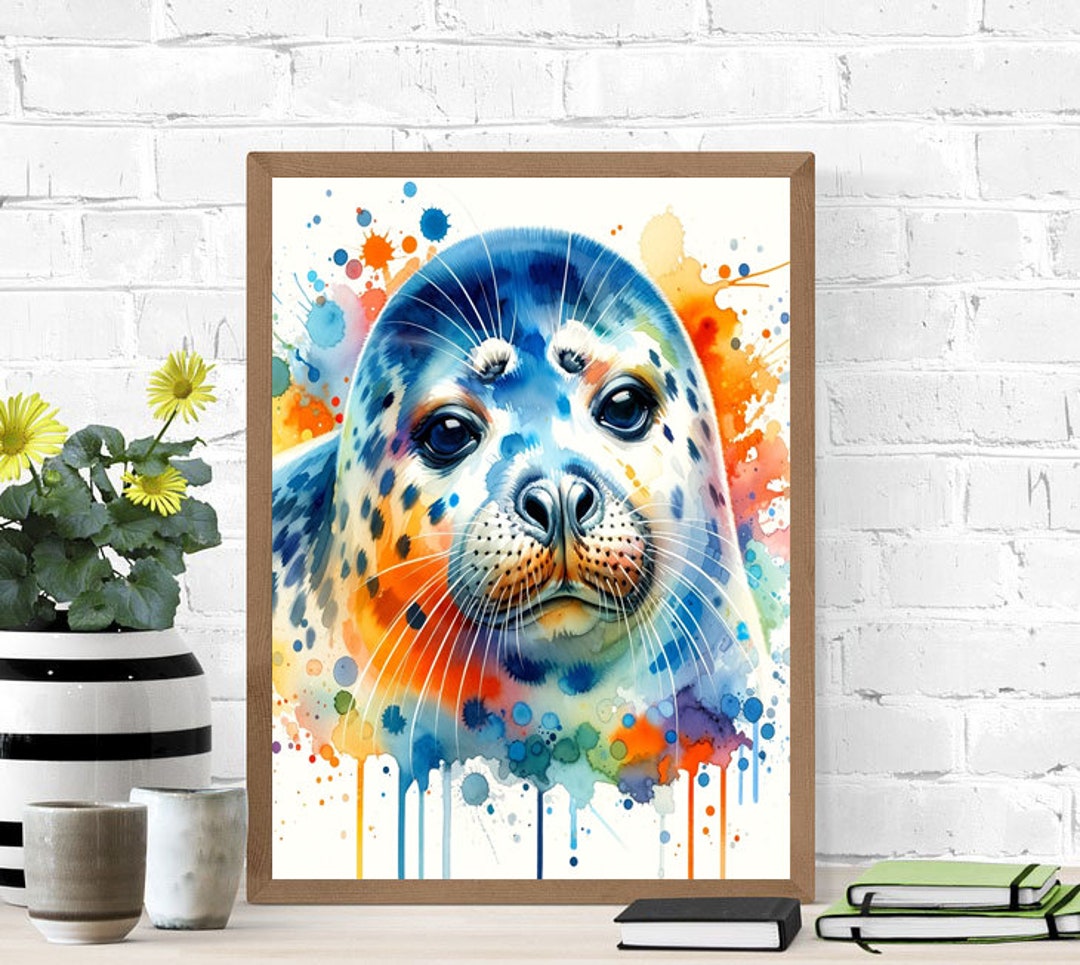 Colorful Seal Print on Canvas | Watercolor Vibrant Harbor Seal Wall Art ...