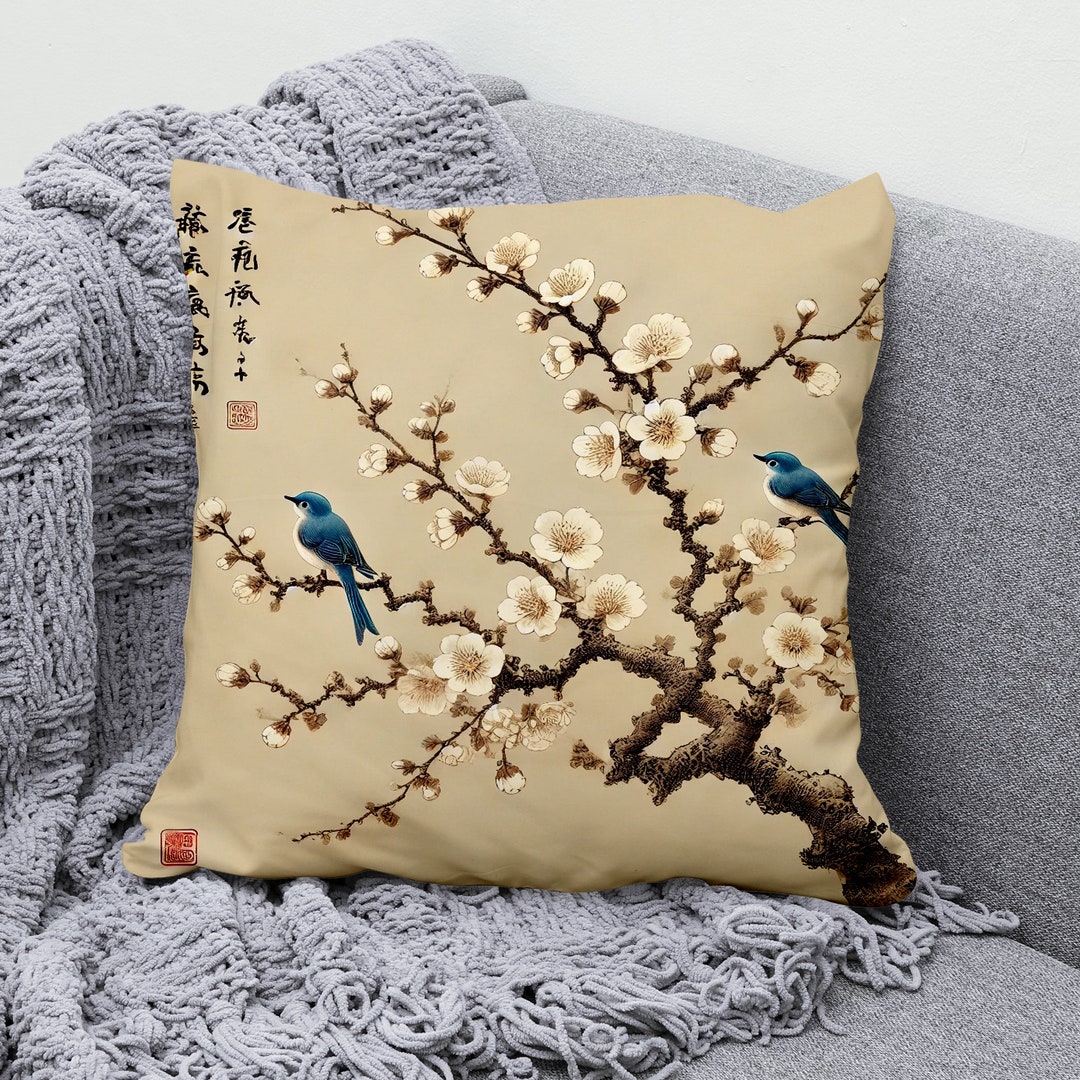 Japanese Sakura Design Cushion Cover, Oriental Bird Cherry Blossom ...