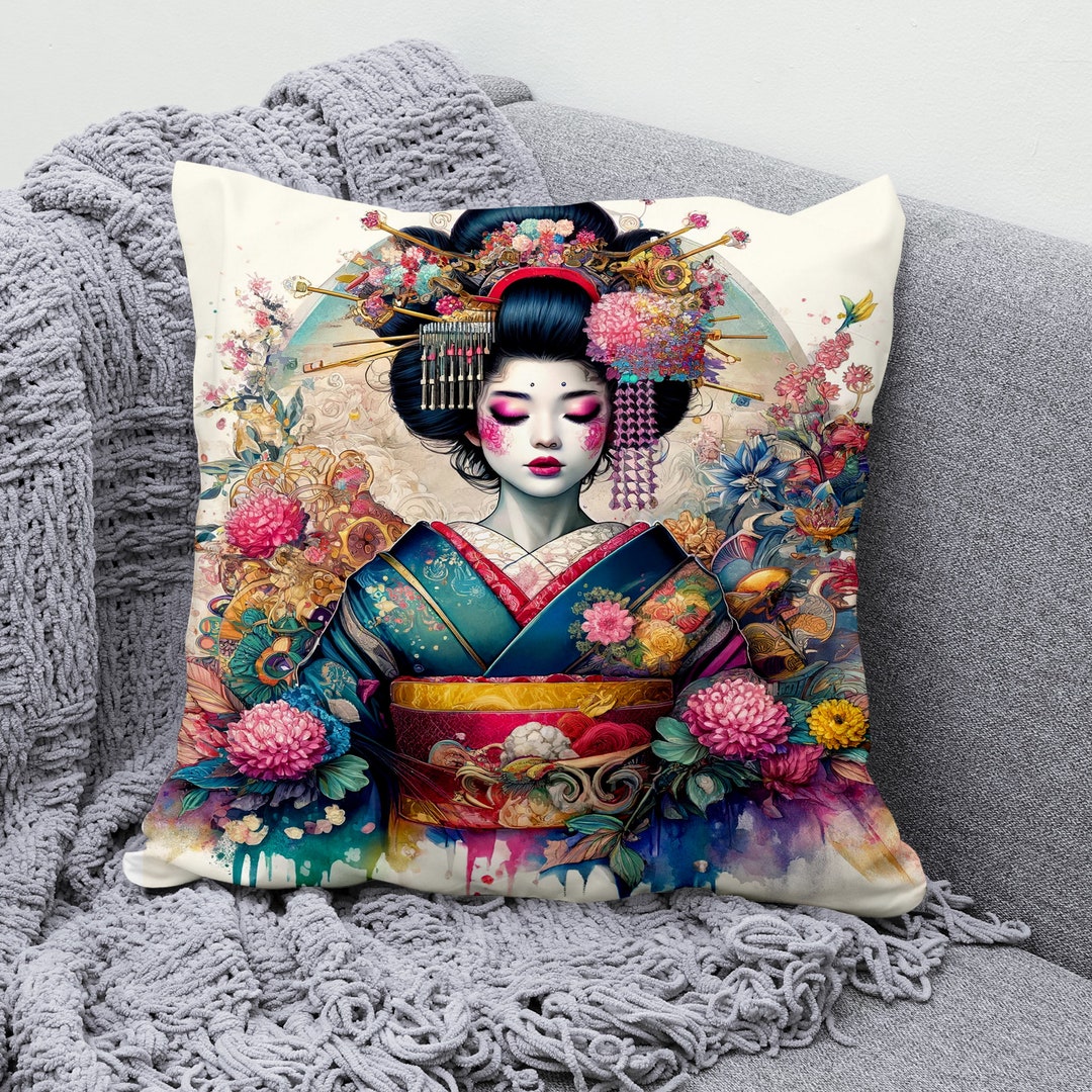 Japanese Geisha Pillow Cover, Traditional Japan Art Throw Pillow Case ...