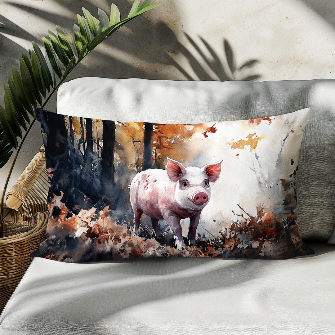 Pig Lumbar Pillow Cover, Farmhouse Decor With Autumn Forest Design ...