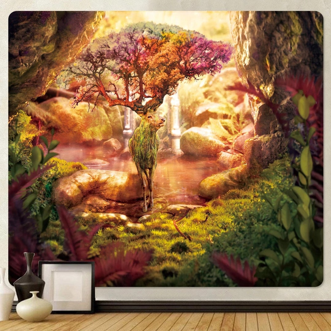 Abstract Tapestry Magical Forest Tree Deer Wall Tapestry Fairy Tale ...