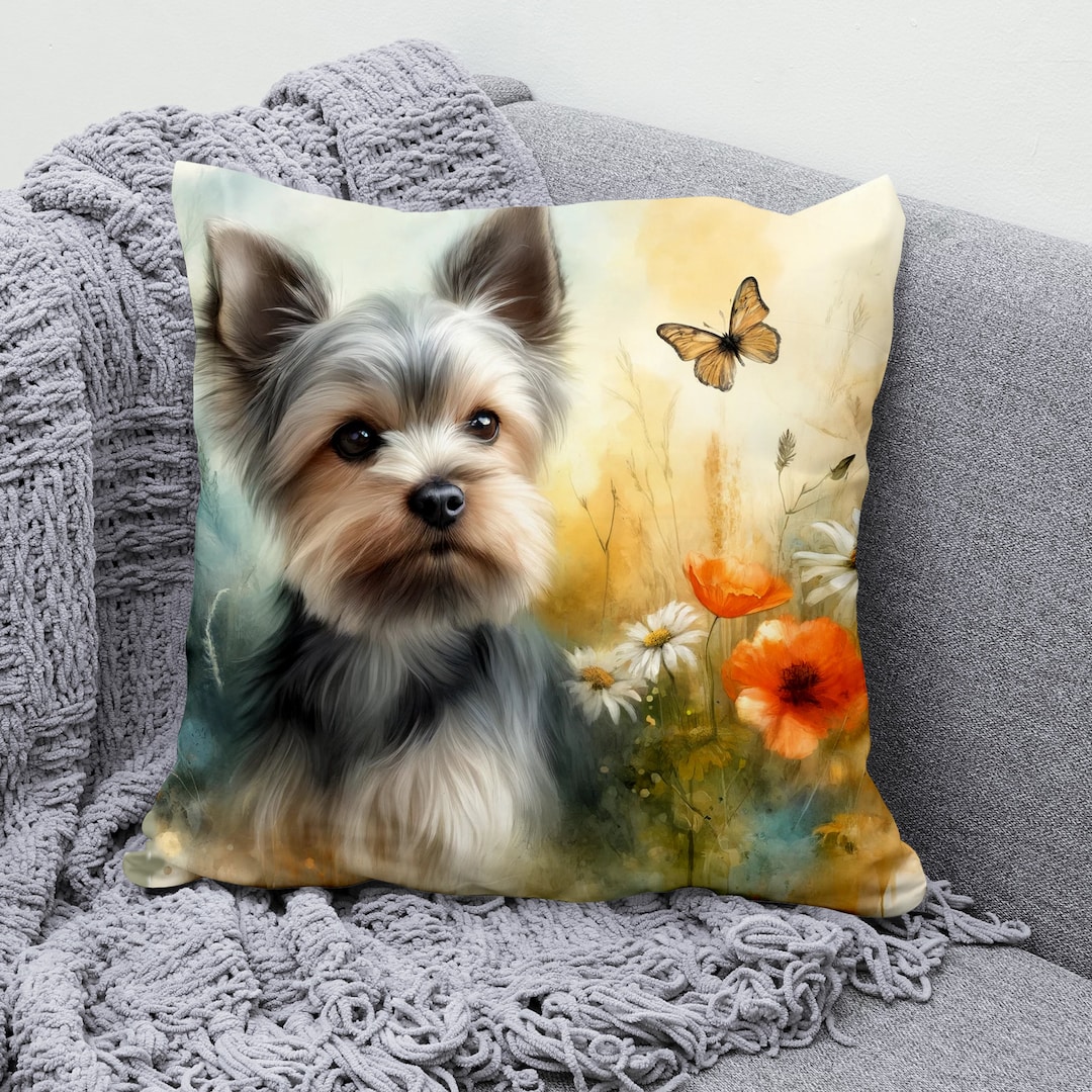 Yorkshire Terrier Cushion, Floral Pet Throw Pillow Cover, Dog Home ...