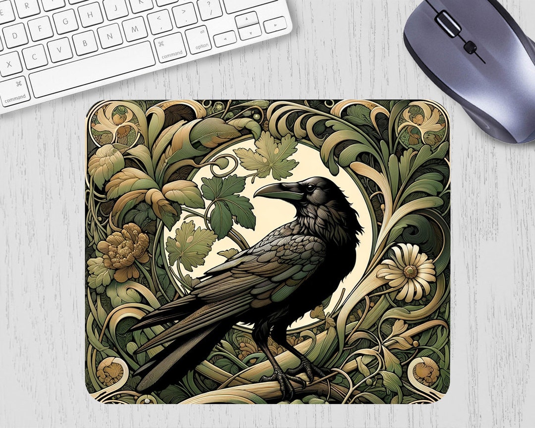 Raven Mouse Pad, Elegant Floral Design, Stitched Edge, Goth Computer ...