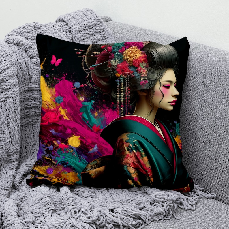 Japanese Geisha Pillow Cover, Traditional Japan Art Throw Pillow Case ...