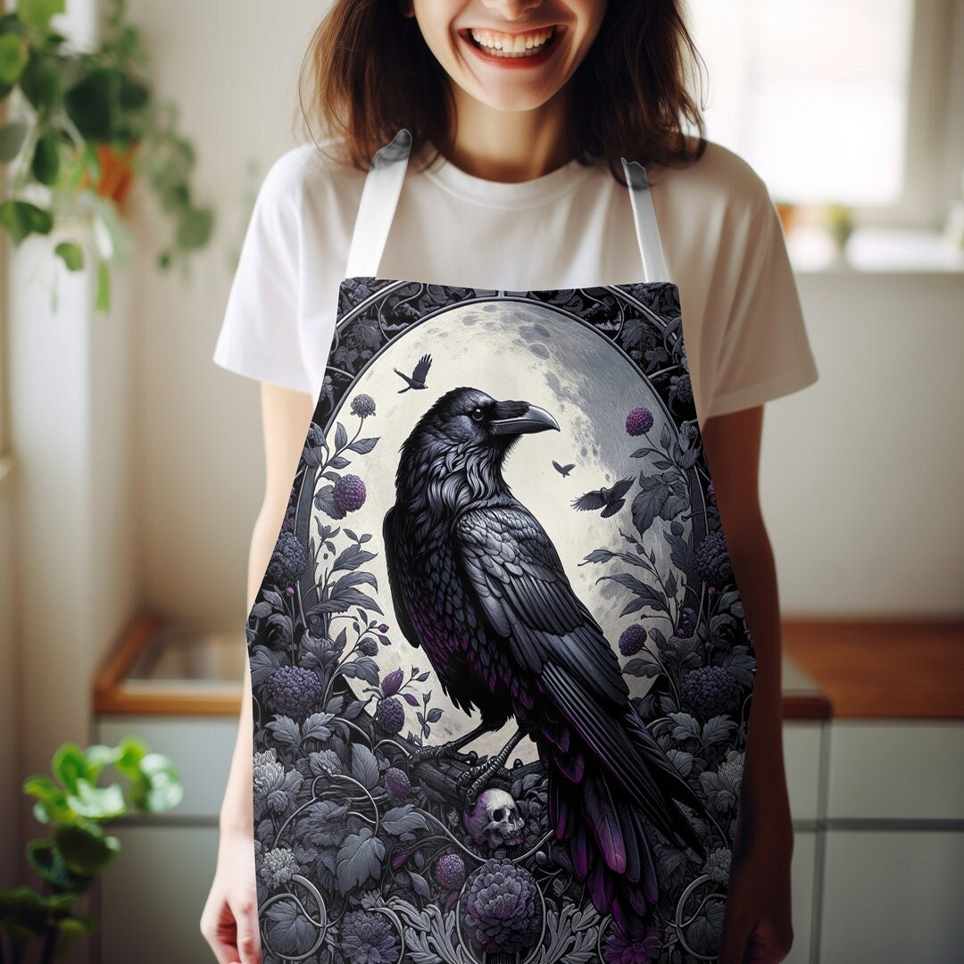 Gothic Raven Kitchen Apron - Durable Kitchen Apron for Cooking, Baking ...
