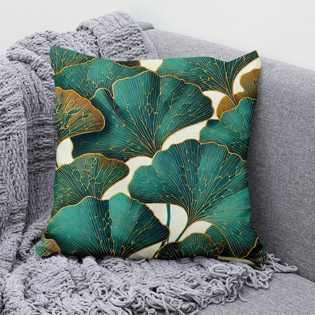 Elegant Ginkgo Leaf Cotton Linen Throw Pillow Cover | Decorative Green ...