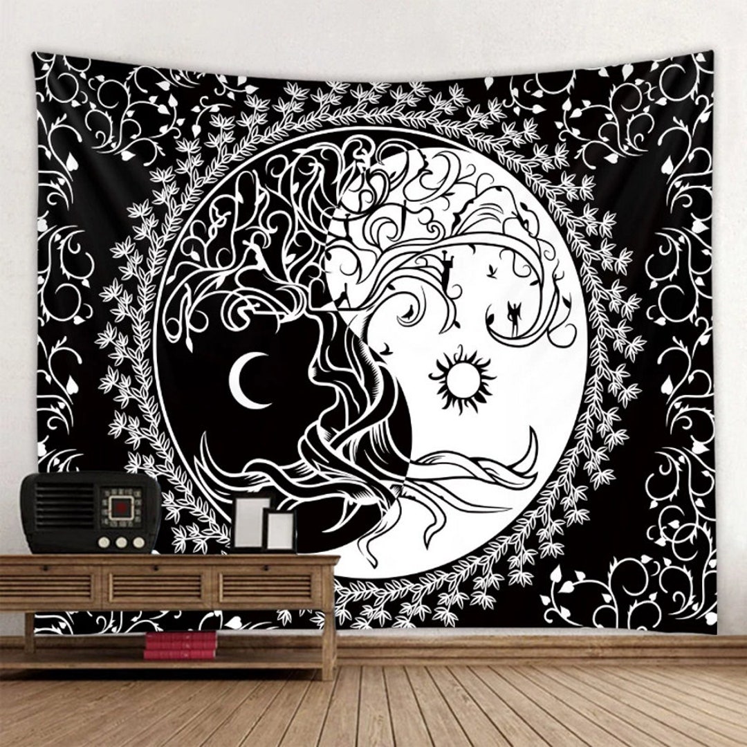 Tree of Life Tapestry Yin and Yang Wall Hanging Black and White Yin ...