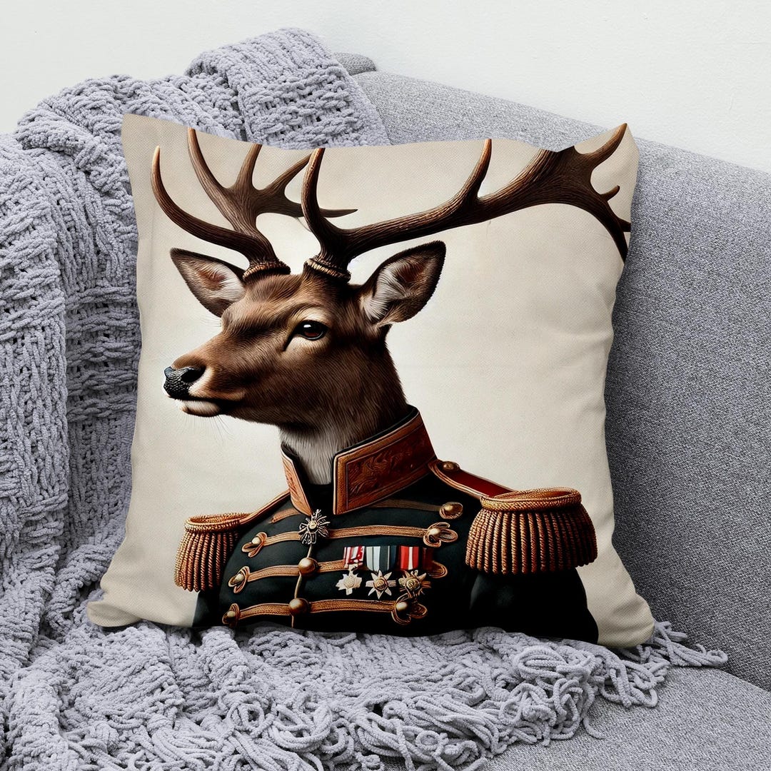Regal Deer in Military Uniform Throw Pillow Cover, Cotton Linen ...