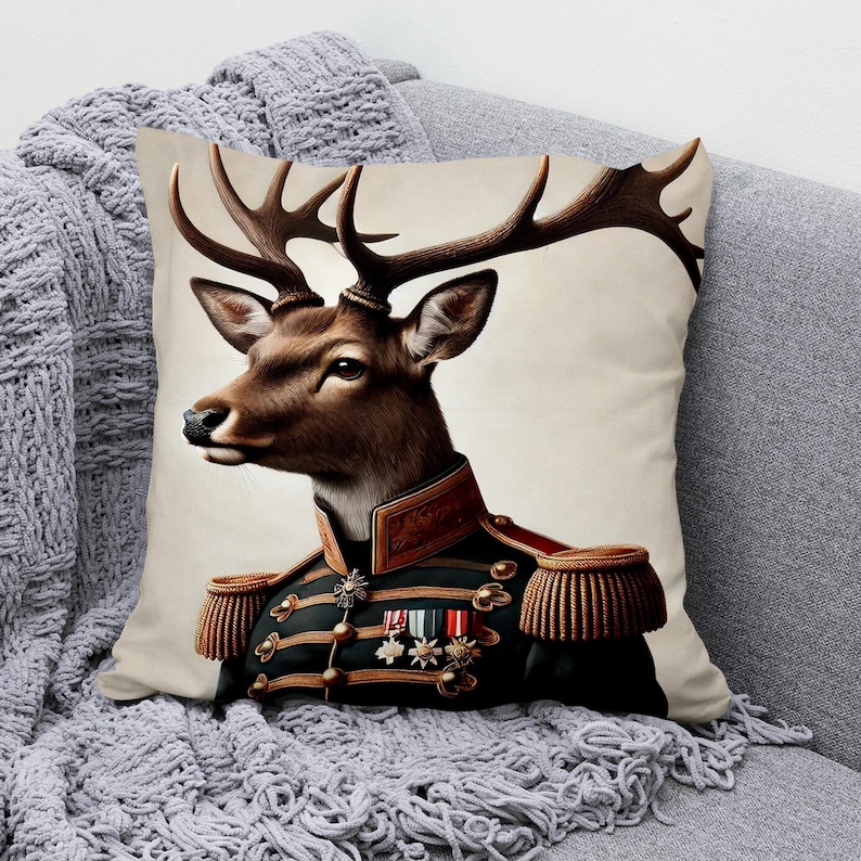 Majestic Cat in Military Uniform Throw Pillow Cover, Cotton Linen ...