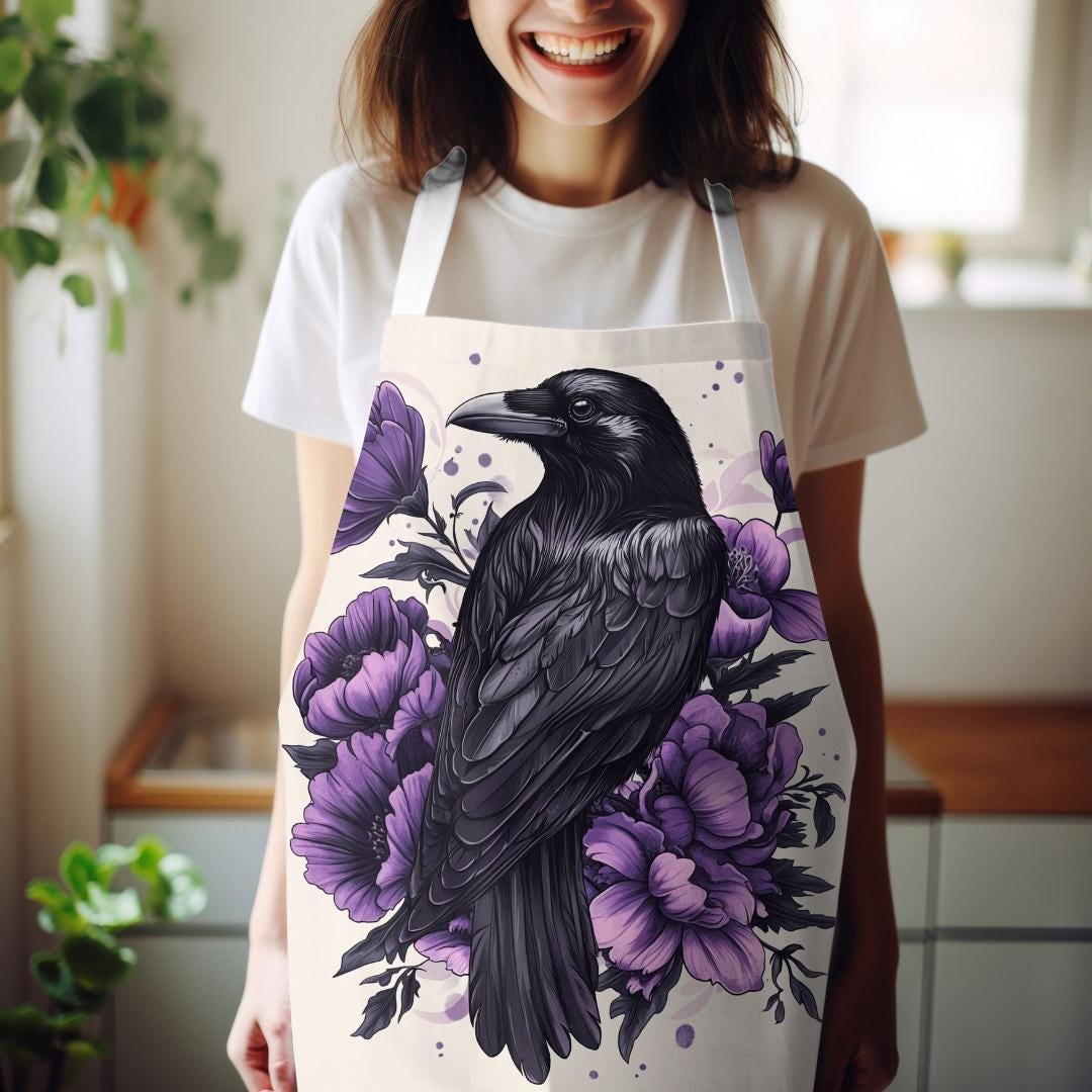 Gothic Raven Art Kitchen Apron Dark Crow and Purple Floral Apron With ...