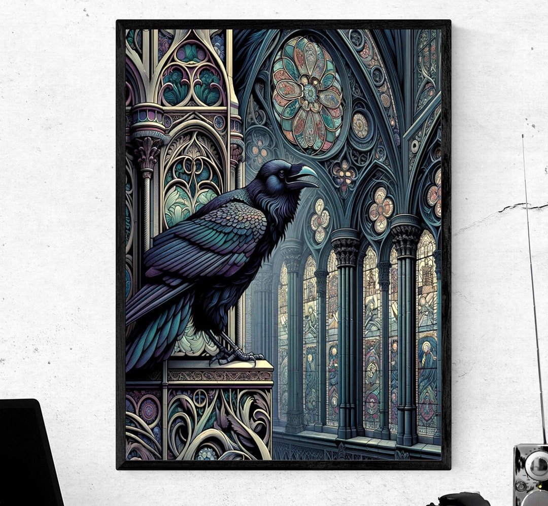 Majestic Raven Poster, Gothic Canvas Print Cathedral Stained Glass Art ...