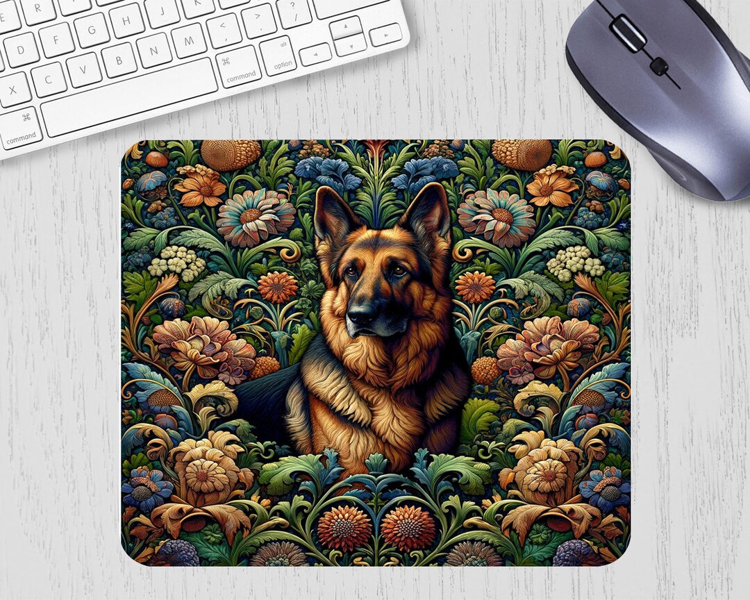 German Shepherd Mouse Pad - William Morris Inspired Floral Mousepad for ...
