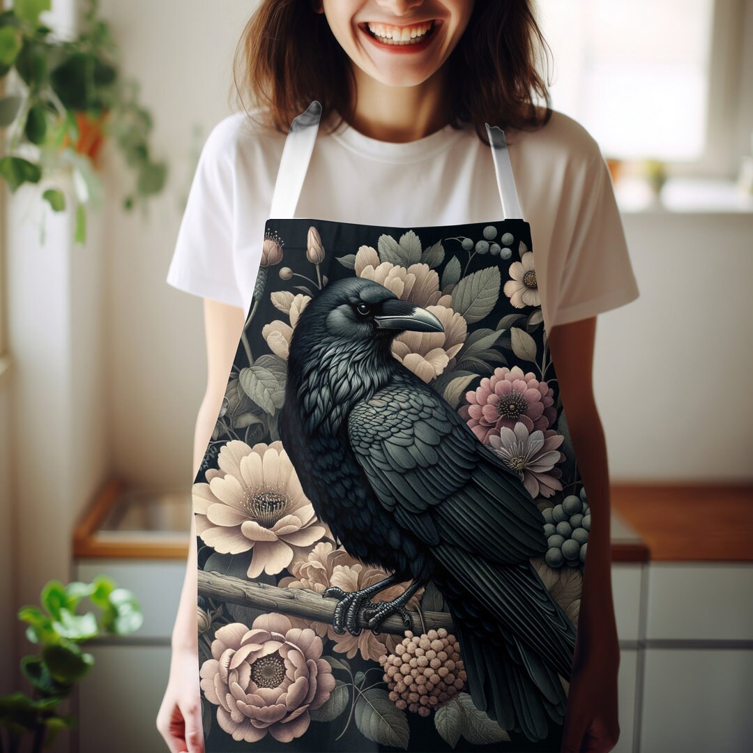 Raven Floral Kitchen Apron, Gothic Bird Cooking Apron, Elegant Floral ...