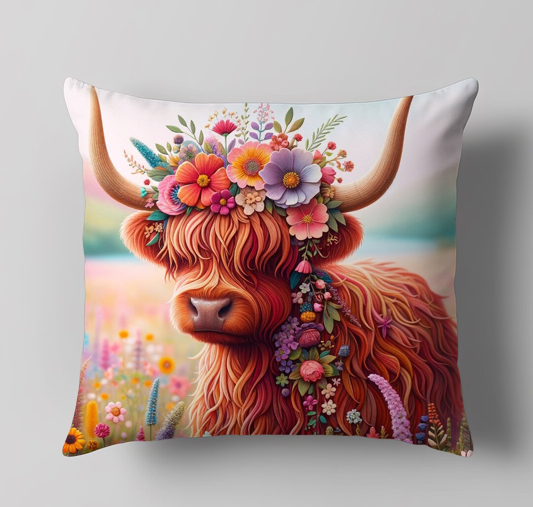 Cute Cow Pillow Cover Highland Cow Print Cushion Cover, Floral Throw ...