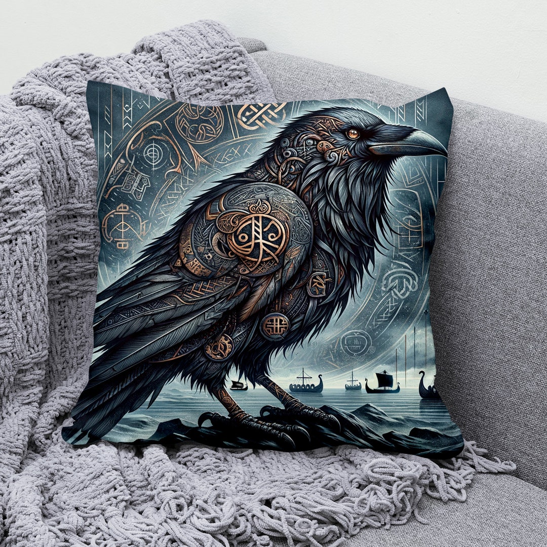 Viking Raven Cushion Cover, Nordic Mythology Pillow Cover, Celtic Knot ...
