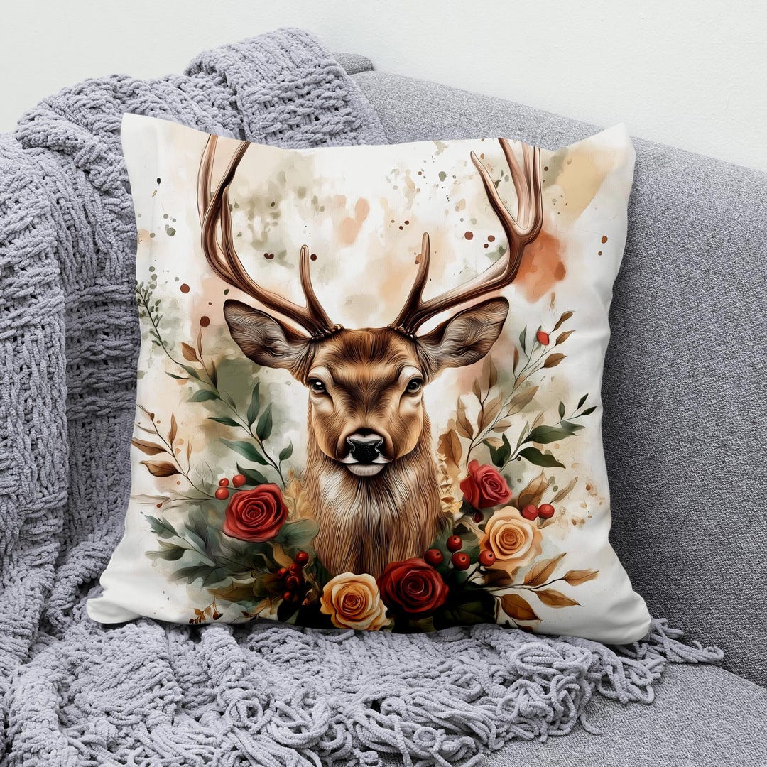 Deer Throw Pillow Cover With Floral Antlers | Cotton Linen Pillowcase ...