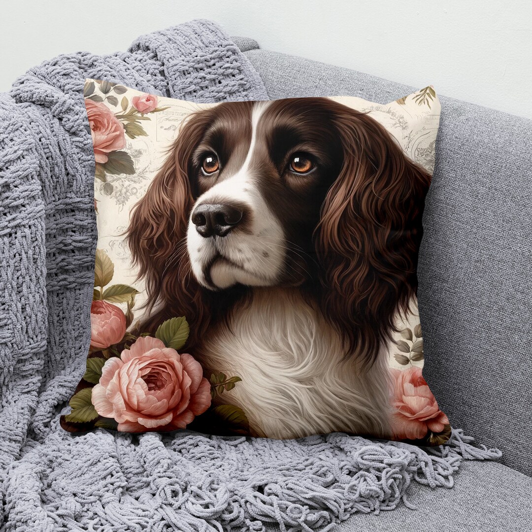 English Springer Spaniel Floral Throw Pillow Cover - Cotton Linen Dog ...