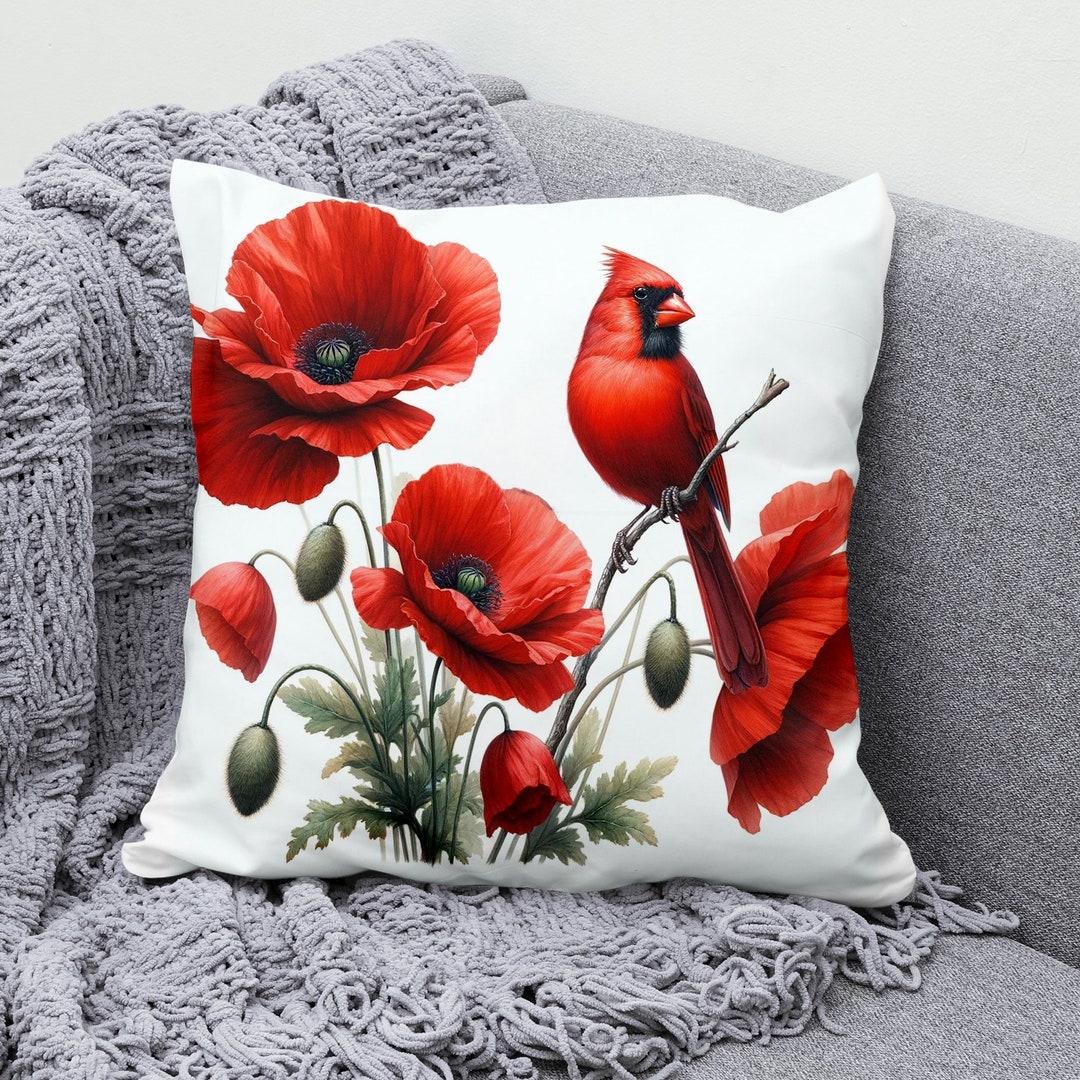 Red Cardinal and Poppy Flowers Throw Pillow Cover, Cotton Linen ...