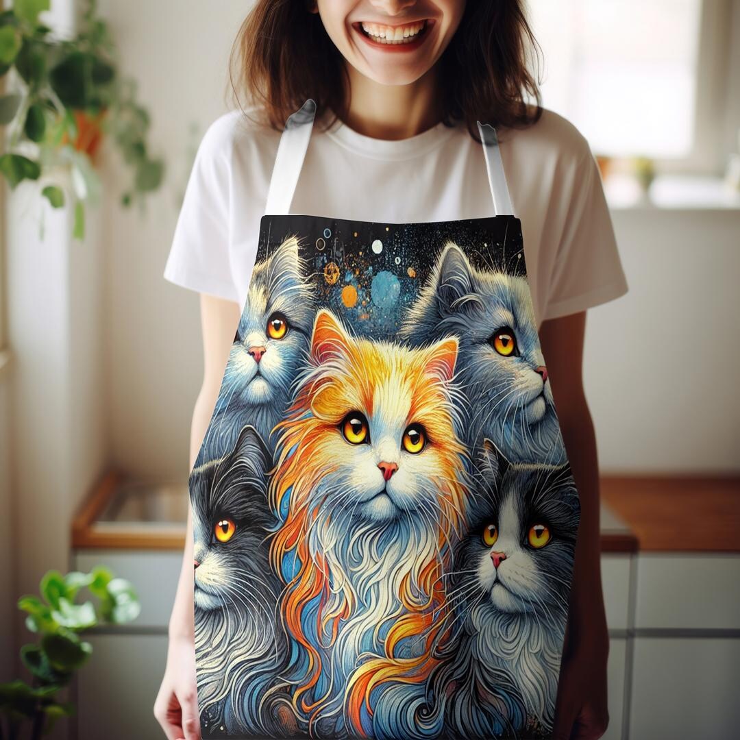 Fluffy Cats Kitchen Apron, Colorful Cat Design Cooking Apron, Cute Pet ...